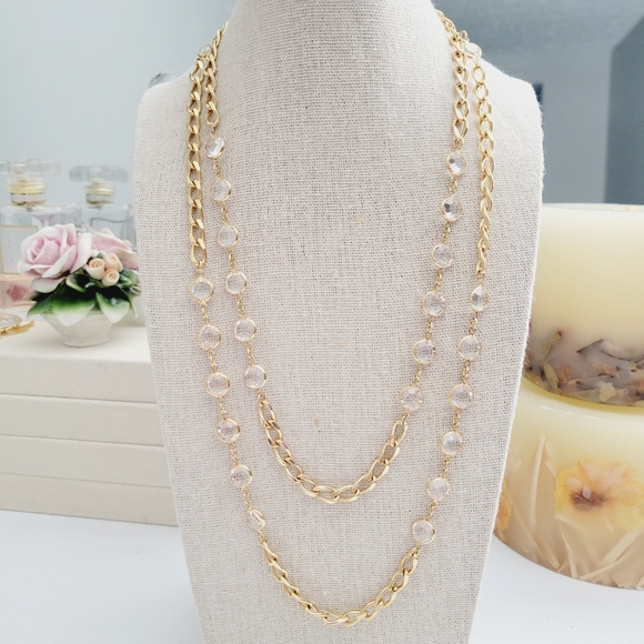 Jewelry | Vintage Gold Tone Crystal Bezeled Long Necklace | Poshmark